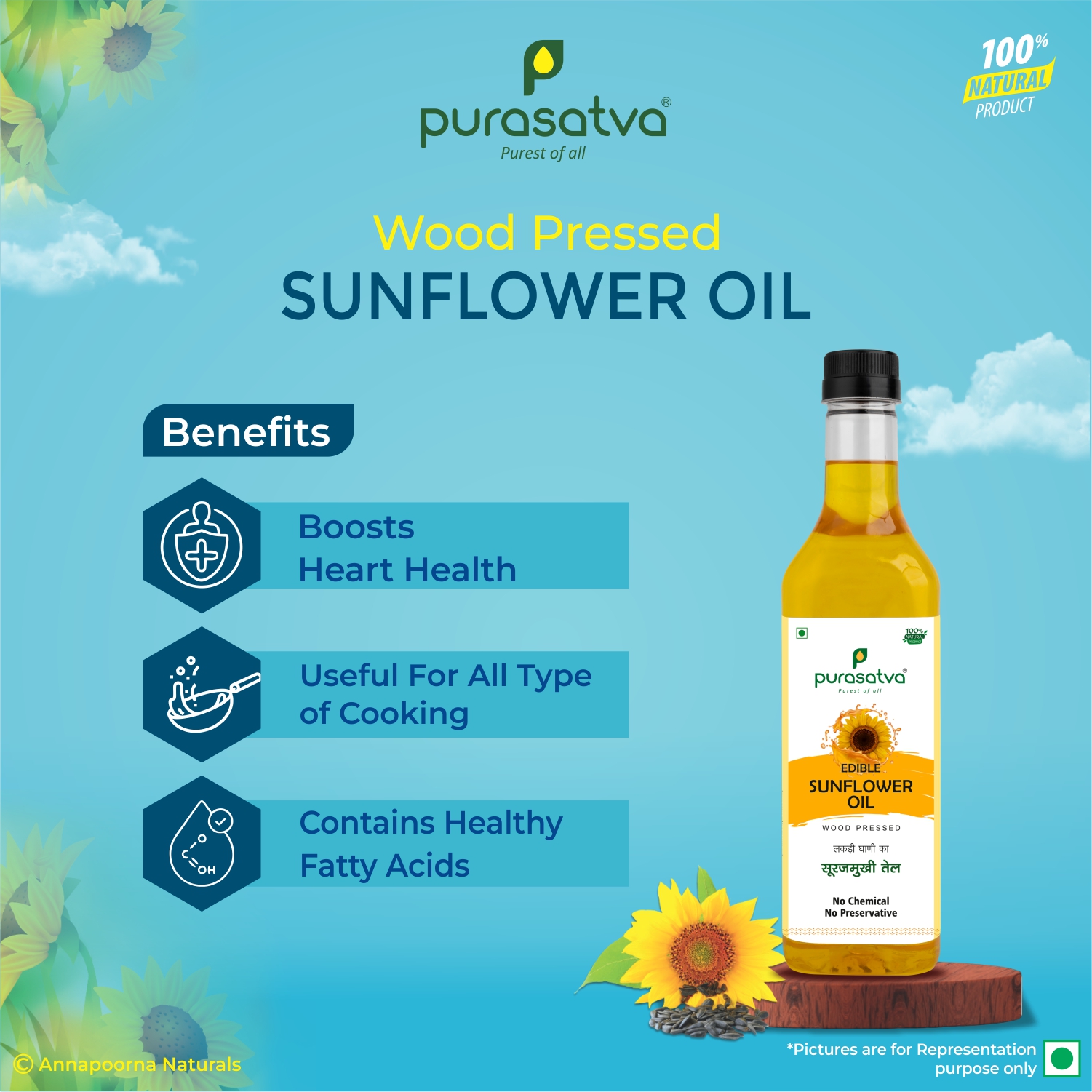 Purasatva Sunflower Cooking Oil 1L, Wood Cold Pressed Sooryamukhi Oil ...
